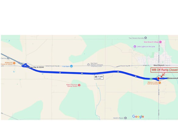 Westbound I-80 entrance and exit ramps at the West Branch interchange ...