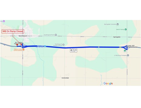 Westbound I-80 entrance and exit ramps at the West Branch interchange ...
